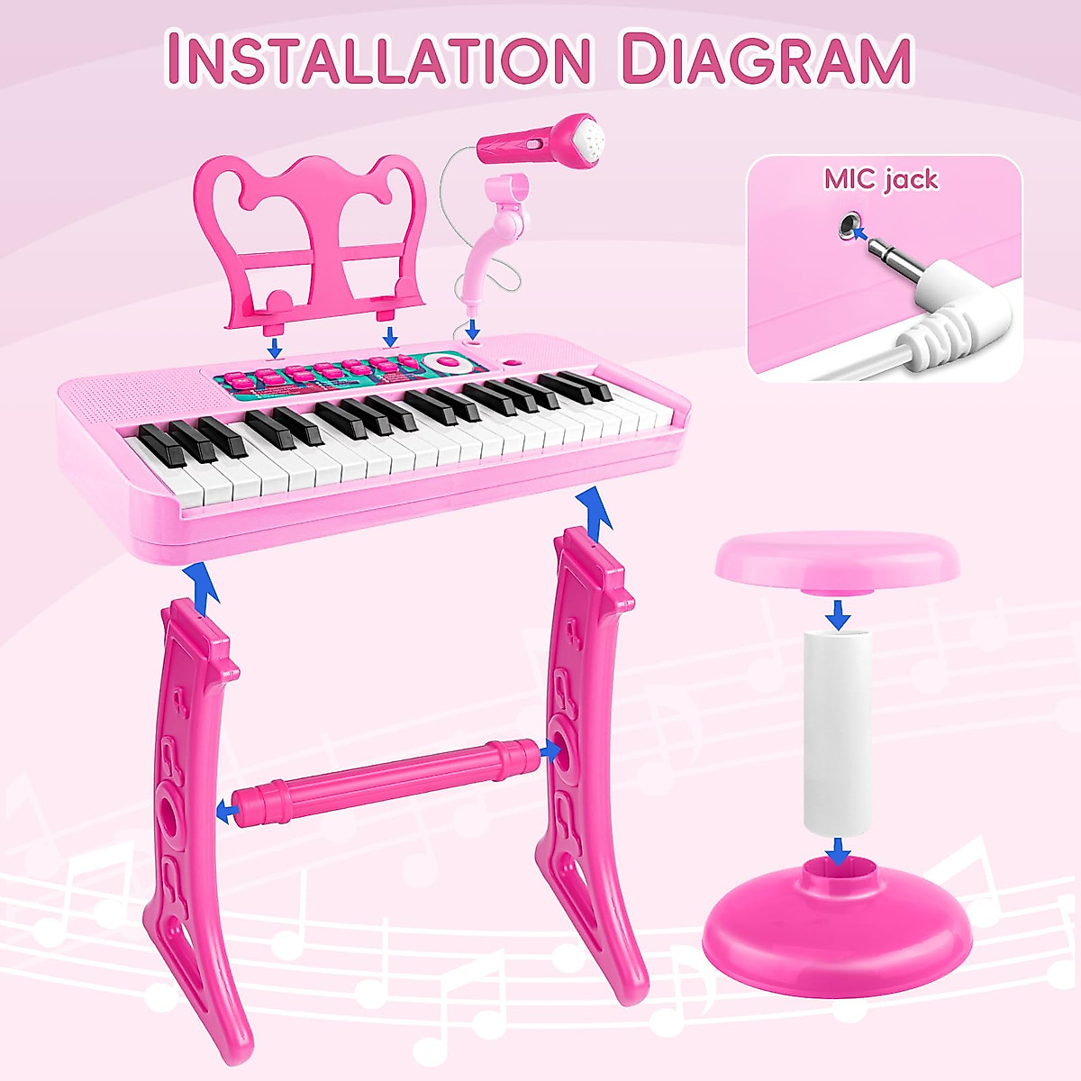 Amy&Benton Birthday Gift for 3 4 5 6 7 Year Old Girls Piano Toy with Stood for Girls 3-5 Pink Music Keyboard Toy 37 Keys with Chair