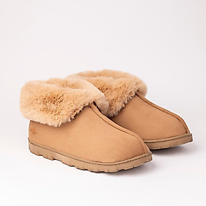 EUROPEAN SOFTEST Women's Micro Suede Faux Fur Fleece Lined Cozy 80-D High-Density Memory Foam Winter Slipper Bootie Breathable House Shoes with Non Skid Indoor Outdoor Sole (5-6, Camel)