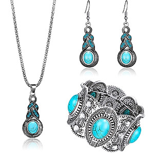 Sureio 3 Pcs Western Jewelry for Women Bohemian Turquoise Set Turquoise Pendant Necklace Western Dangle Earrings Turquoise Bracelet