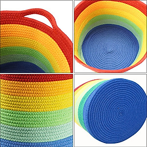 Oaixuilhy Cotton Rope Woven Storage Basket with Handles Cotton Blanket Organizer Laundry Basket Empty Gift Basket for Planter Shelf Desk Home Decor (14 x 12 Inches, Rainbow)