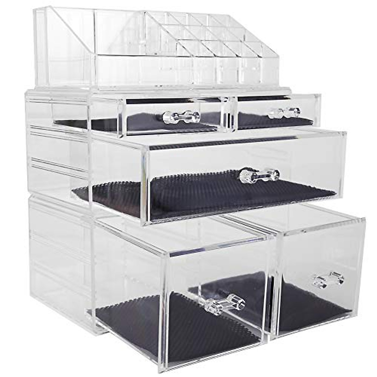 Sooyee Makeup Organizer,Acrylic Cosmetic Organizer Storage Drawers Jewelry and Cosmetic Display Cases Box(5 Drawers 7 Tiers) 3 Pieces Stackable,Clear