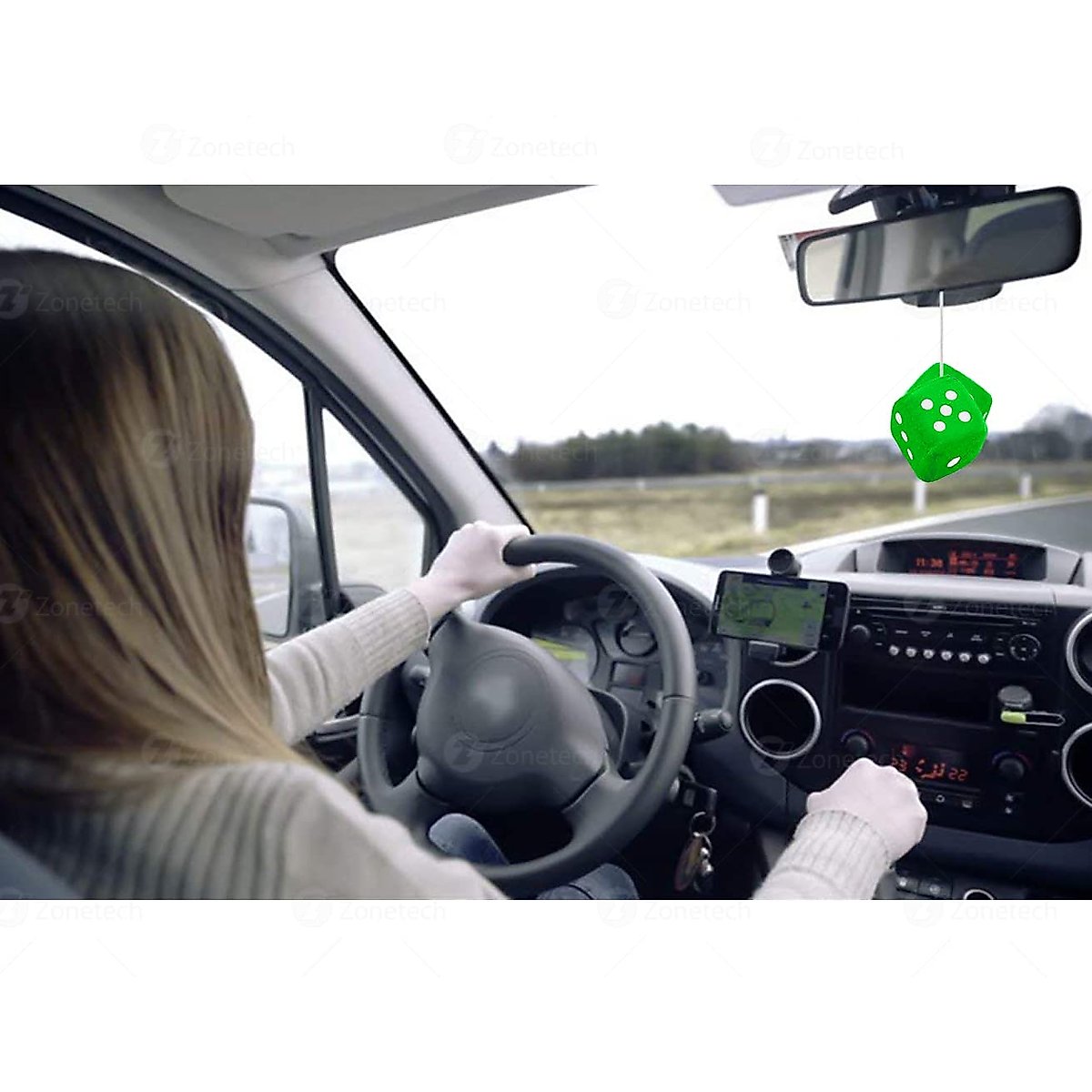 ZONETECH Green 3" Square Hanging Dice-Soft Fuzzy Decorative Vehicle Hanging Mirror Dice with White Dots - Pair