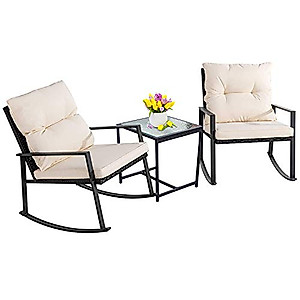 Walsunny 3 Pieces Patio Set Outdoor Wicker Patio Furniture Sets Modern Rocking Bistro Set Rattan Chair Conversation Sets with Coffee Table(Beige)