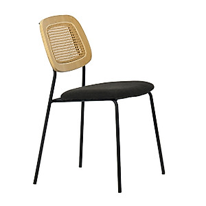 Benjara 19 Inch Dining Chair, Set of 2, Cane Backrest, Black Fabric Seat, Metal, Walnut Brown and Beige