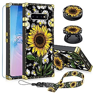 KANGHAR Designed for Samsung Galaxy S10 Plus Case for Women Girls Sunflower with Screen Protector Lanyard Strap Ring Holder Kickstand Flower Floral Daisy Square Grip Stand Phone Bumper 6.4"