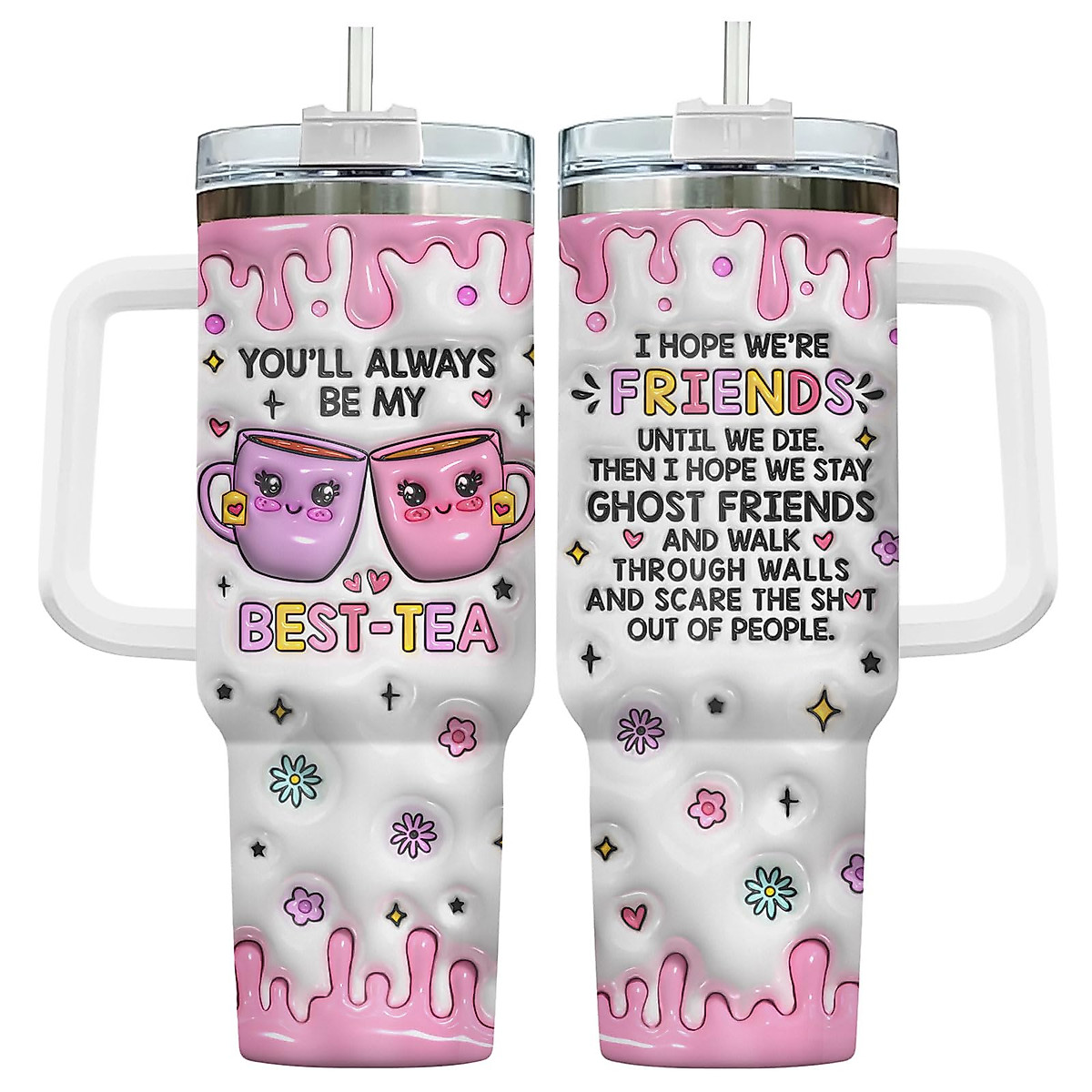 34HD Bestie Tumler with Handle & Straw, 40oz Stainless Steel Vacuum Insulated Best Friend Cup, Anniversary Christmas Birthday Gifts for Women Work Bestie Soul Sisters Best Friend