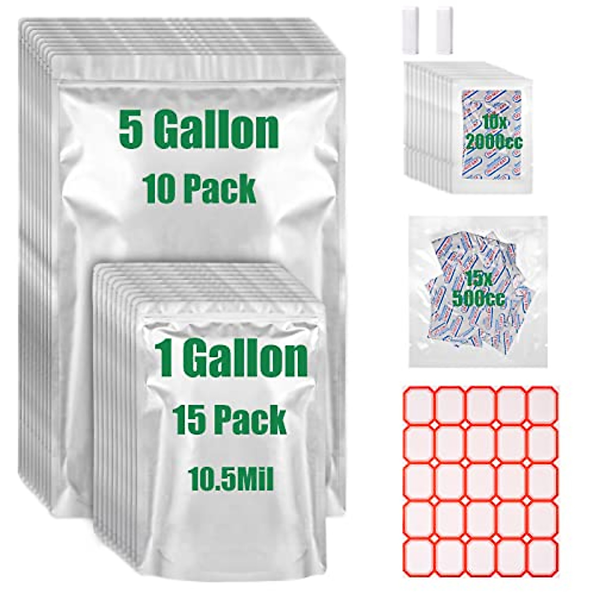 5 Gallon Mylar Bags for Food Storage,10.5 Mil Mylar Bags with Oxygen Absorbers 2000cc-25 Mylar Bags 5 Gallon & 1 Gallon,Stand-Up Zipper Resealable Bags & Heat Sealable Food Storage Bags + Labels