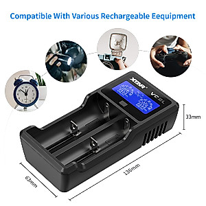 XTAR Universal Smart Battery Charger, 2 Slot, 3.7V Li-ion/Ni-MH/Ni-CD, 2.1A, LCD Display, 2 Hours Charge Time