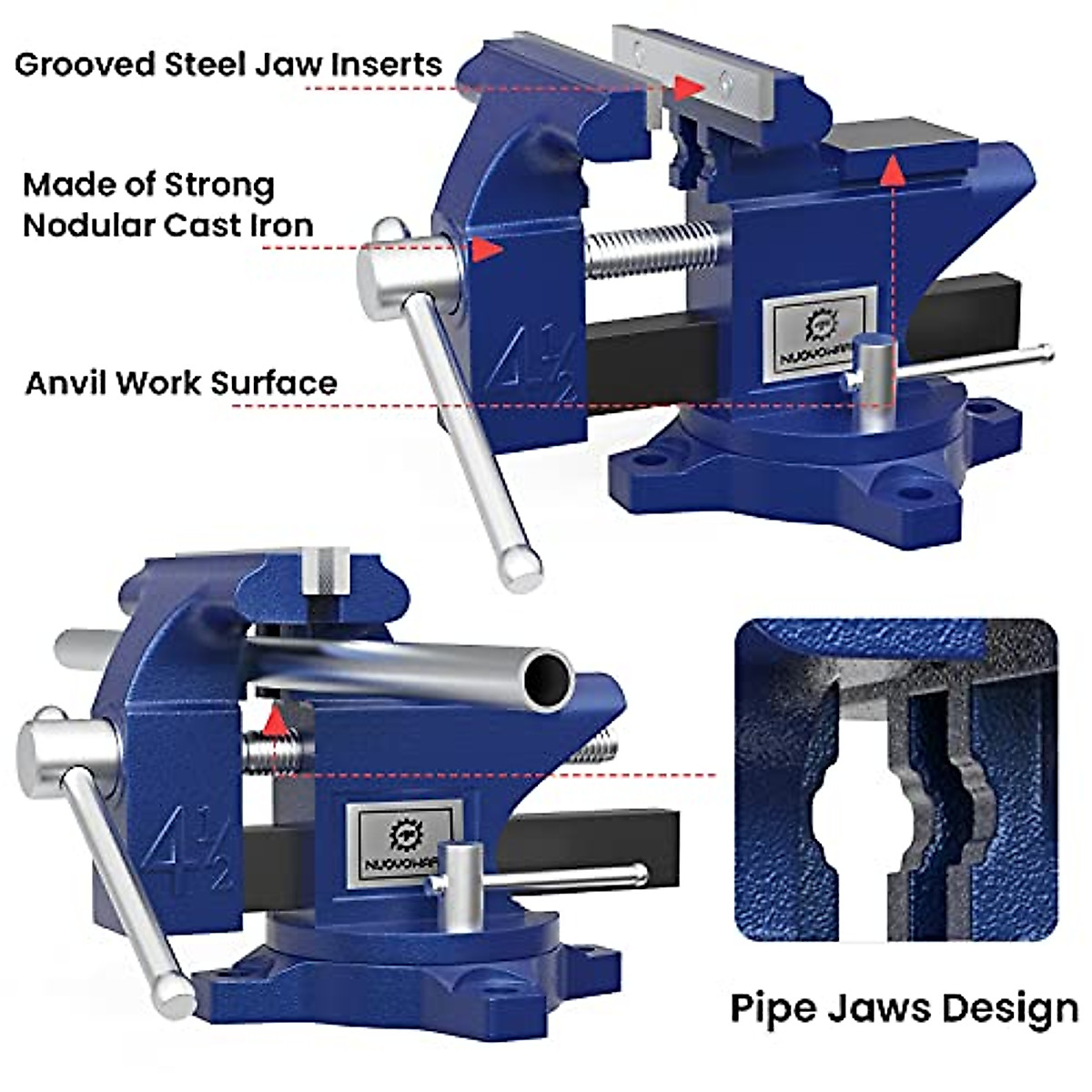 Nuovoware Heavy Duty Bench Vise 4.5 Inch, 240° Swivel Locking Base Bench Clamp with 125mm Vise Jaw, Clamp-on Home Merchanic Vice Desktop Clamp for Woodworking, Drilling, Cutting Conduit -Blue + Blue