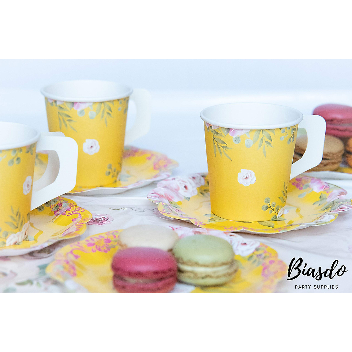 FLOWER SIPPERS (24 Pack) 7oz Paper Tea Cups Party Decorations, 24 Disposable Drink Cups w/Handles, Matching Dessert Saucer Plates, Tea Party Supplies, Birthday Party Favors, Bright Yellow Decor