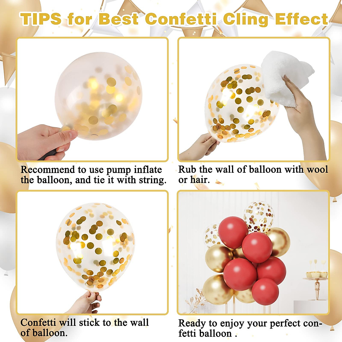 RUBFAC 101pcs Red Gold Balloons Garland Arch Kit with Gold Confetti Balloons for Celebration, Birthday, Wedding, Anniversary Party Decoration