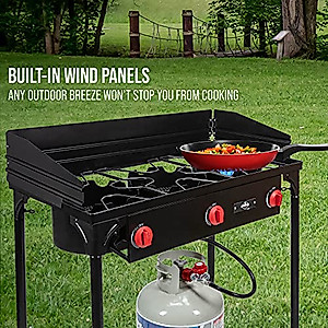Hike Crew Cast Iron 3-Burner Outdoor Gas Stove | 225,000 BTU Portable Propane-Powered Cooktop with Removable Legs, Temperature Control Knobs, Wind Panels, Hose, Regulator & Storage Carry Case