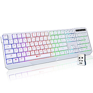 Klim Chroma Wireless Gaming Keyboard RGB - Long-Lasting Rechargeable Battery - Quick and Quiet Typing - Water Resistant Backlit Wireless Keyboard for PC PS5 PS4 Xbox One Mac - White (Renewed)
