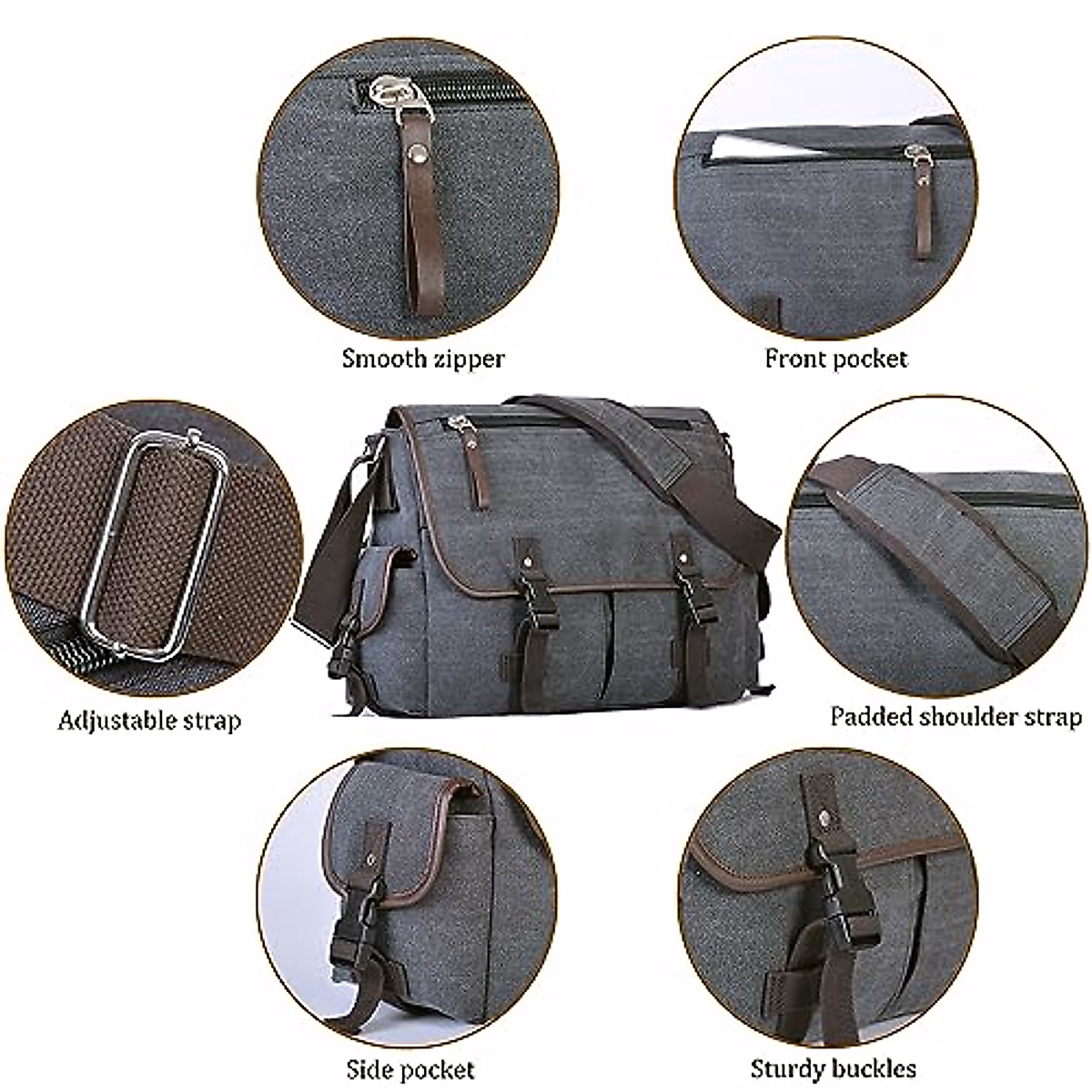 Vintage Canvas 15.6 inch Laptop Messenger Bag for Men Women, College Computer Satchel Shoulder Bag Travel Office Briefcases (Black - 2)