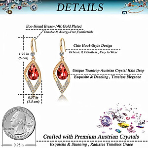 Austrian Crystal Teardrop Hollow Leaf Drop Dangle Earrings for Women 14K Rose Gold Plated Hypoallergenic Jewelry (Red)