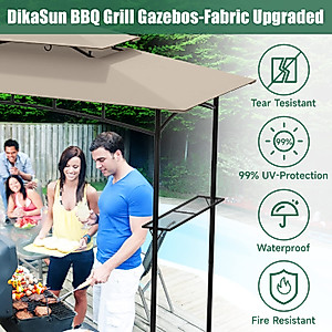 DikaSun Grill Gazebo 8 x 5 BBQ Canopy Double Tiered Outdoor Waterproof Barbecue Grill Tent with Shelves and 10 Hooks for Patio, Backyard(Beige)