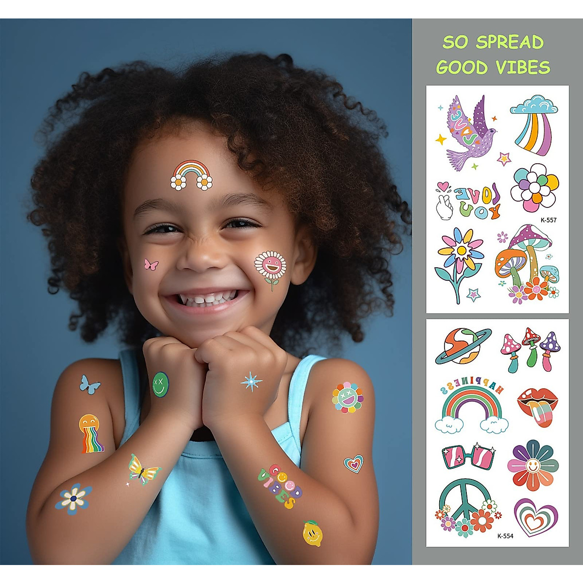 Groovy 70s Temporary Tattoos, Glow in the Dark Styles for Kids,Flower Power & Hippie Stickers,Birthday Party Supplies & Favors for Girls