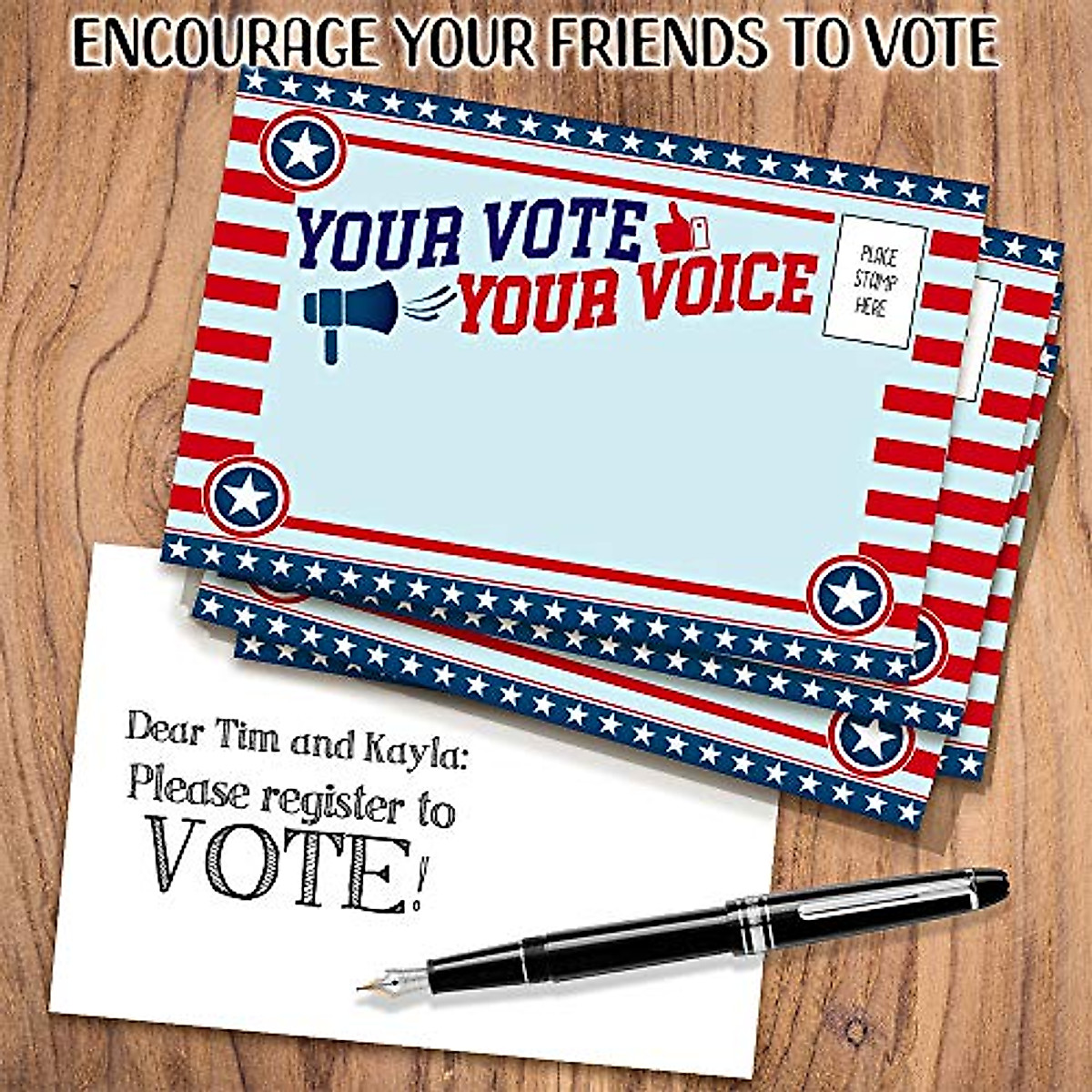Vote Postcards Bulk - Your Vote Your Voice - Set of 100 4x6 Standard Size - American Flag Patriotism Print, Great Election Supplies, Fun and Eye-Catching Design Postcards for Family and Friends