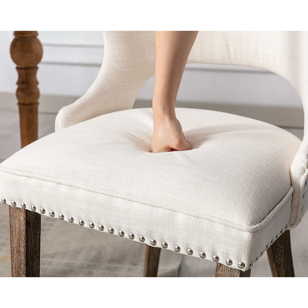 CIMOTA Mid Century Modern Dining Chairs Set of 2, Upholstered Dining Room Chairs Comfy Armless Side Chairs with Open Back/Nailhead Trim for Kitchen/Dining Room/Living Room, Linen Beige/2PCS