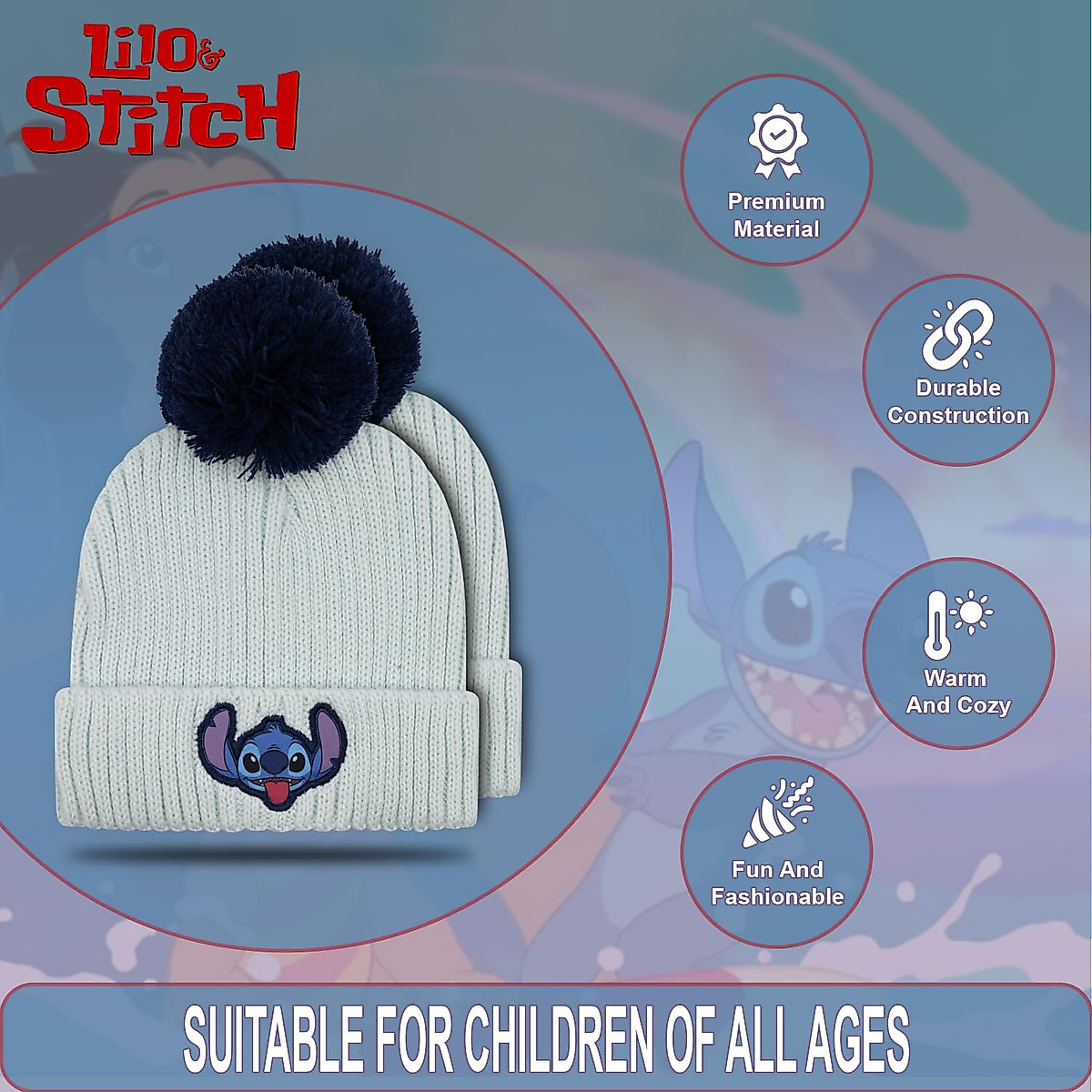 Disney Lilo and Stitch Kids Beanie Hat and Glove Set for Girls – Blue Stitch Hat for Girls Ages 5-13