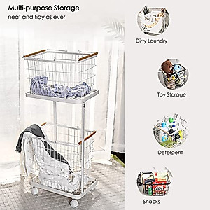 usego 2 Tier Laundry Basket with Rolling Lockable Wheels Wire Metal Sorter Storage Trolley Shelf Basket Durable Metal Sorter Clothes Storage Trolley Shelf with Removable Hamper for Organizing Clothes