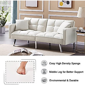 VERYKE Convertible Futon Sofa Bed with 2 Pillows, Modern Upholstered Sleeper Sofa Couch with 3 Adjustable Backrests & Metal Legs for Living Room (White)