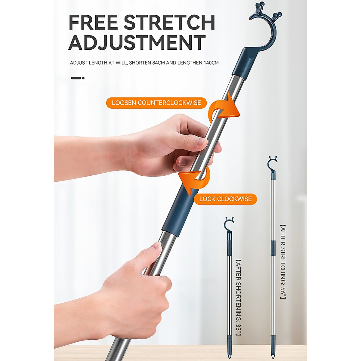 55'' Retractable Reach Sticks Extend Utility Pole Hook Adjustable Long Reach Stick for Closet/Ceiling/Shelf, Blue