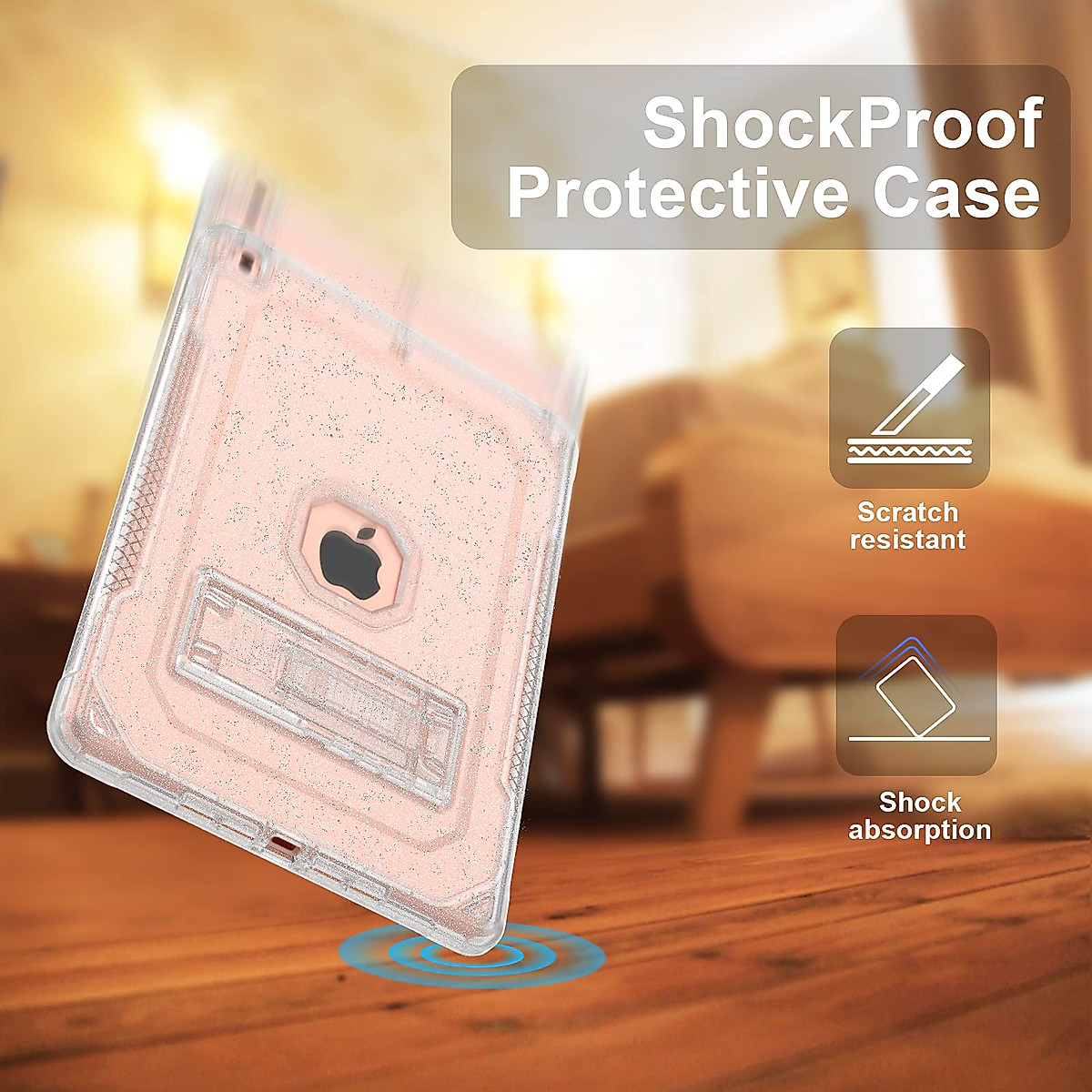 ZoneFoker Case for iPad Air 2 Case, for iPad 6th/5th Generation 2018/2017, for Apple iPad 9.7 inch with Screen Protector/Stand,Clear Glitter Full-Body Coverage Slim Cover for Girls Women Kids