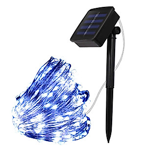 XUNATA Solar String Lights, 66Ft 200 LED 8 Modes Copper Wire Indoor Outdoor Starry String Lights, Waterproof Solar Decoration Lights for Gardens, Homes, Parties (Blue)
