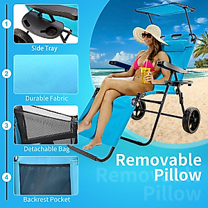 Slsy Beach Cart Chairs with Wheels, 2 in 1 Heavy Duty Beach Chair with Canopy Shade, Foldable Beach Lounge Chair with Integrated Wagon Pull Cart Combination, Perfect for Backyard, Pool or Picnic