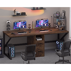 IBF 79" Two Person Office Desk,Large Double Long Pc Desk with File Drawer, 2 Person Computer Desk with Storage Cabinet Shelf, Industrial Wood Modern Work Dual Computer Table for Home, Rustic Brown