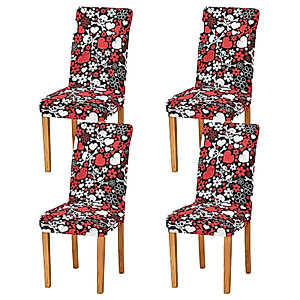 Red Skulls Flowers Hearts Dining Chair Covers Set of 2 Spandex Stretch Chair Slipcovers for Home Party Hotel Wedding