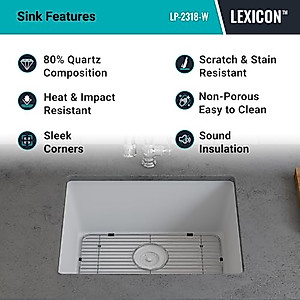 23" x 18" Quartz Kitchen Sink, Single Bowl Kitchen Sinks, Drop in Kitchen Sink, Granite Composite Kitchen Sink, Undermount Sink, Galaxy White Kitchen Sink, Includes Grid, Strainer, Flange, LP-2318-W