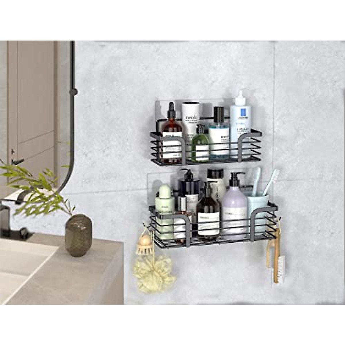 shfhesive Adhesive Bathroom Shower Shelves(2 Pack), SUS304 Stainless Steel Rustproof Shower Caddy Shower Racks for Inside Shower, No Drilling Bathroom Shower Organizer with 4 Hooks(Black)