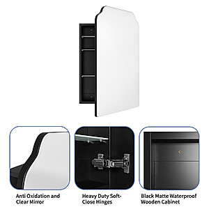 AGDULL Victorian-Style Recessed Bathroom Medicine Cabinet, Storage Cabinet, Bathroom Wood Wall Cabinet with Curved Mirror, Black, 17.5x29 Inch