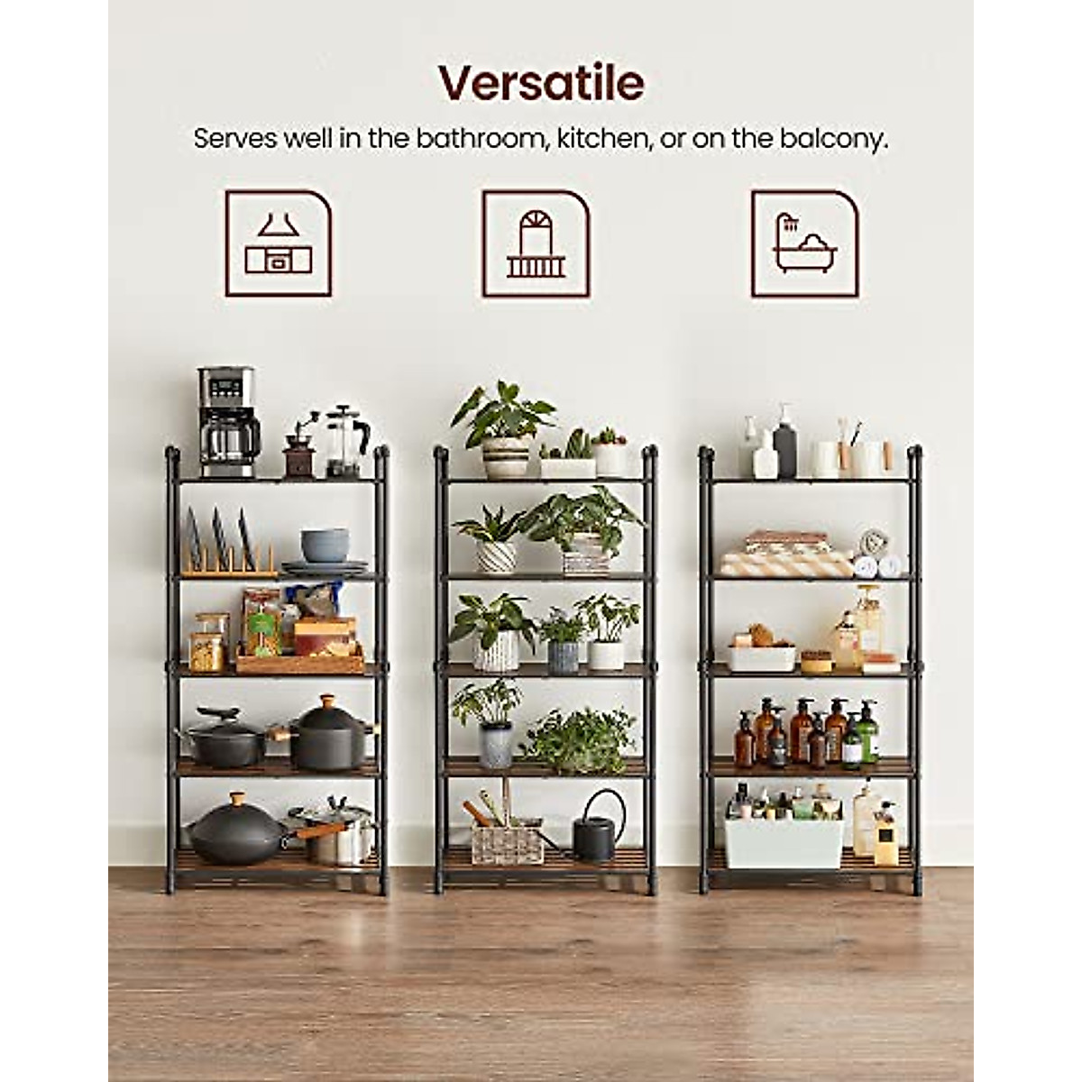 VASAGLE Bathroom Shelves, 5-Tier Storage Rack, Plant Flower Stand, 24.4 x 12.2 x 51 Inches, for Living Room, Balcony, Kitchen, 12.2”D x 24.4”W x 51”H, Rustic Brown + Black