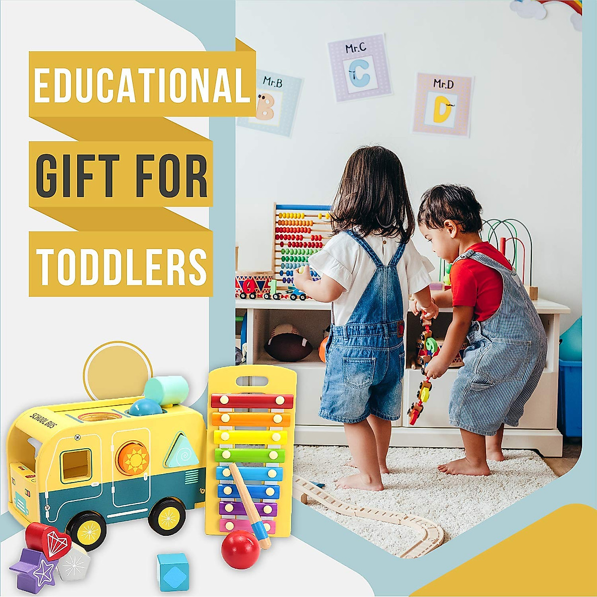 Leo & Friends School Bus Pound and Tap Bus Bench - Wooden Toy Bus with Slide Out Xylophone, Durable Musical Pounding Toy, 8 Colorful Blocks, 1 Hammer, and 1 Rainbow Xylophone, Perfect Educational Gift