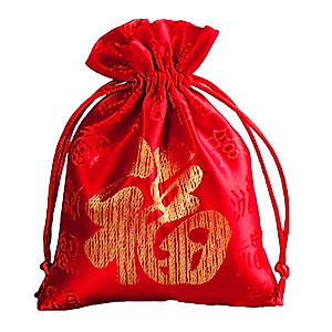 10Pcs Good Luck Fortune Gift Bags Drawstring Bag Chinese Silk Embroidered Brocade Bag Damask Jewelry Product Packing Pouch Christmas/Wedding Gift Bag,Red