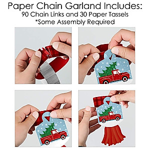 Big Dot of Happiness Merry Little Christmas Tree - 90 Chain Links and 30 Paper Tassels Decoration Kit - Red Truck and Car Christmas Party Paper Chains Garland - 21 feet