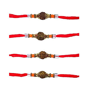 KMVINC Pack of 4 Rakhi Thread, Big Rudraksha with Orange Beads Rakhi, Rakhee for Bhai, Bhaiya, Brother, Assorted Color Thread