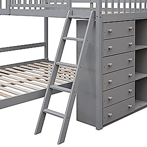 BIADNBZ Twin Over Full Bunk Bed with 6 Drawers and Flexible Shelves, Wooden L-Shaped Bunkbed for Kids Teens Adults Bedroom, Bottom Platform Bedrame with Wheels, Gray