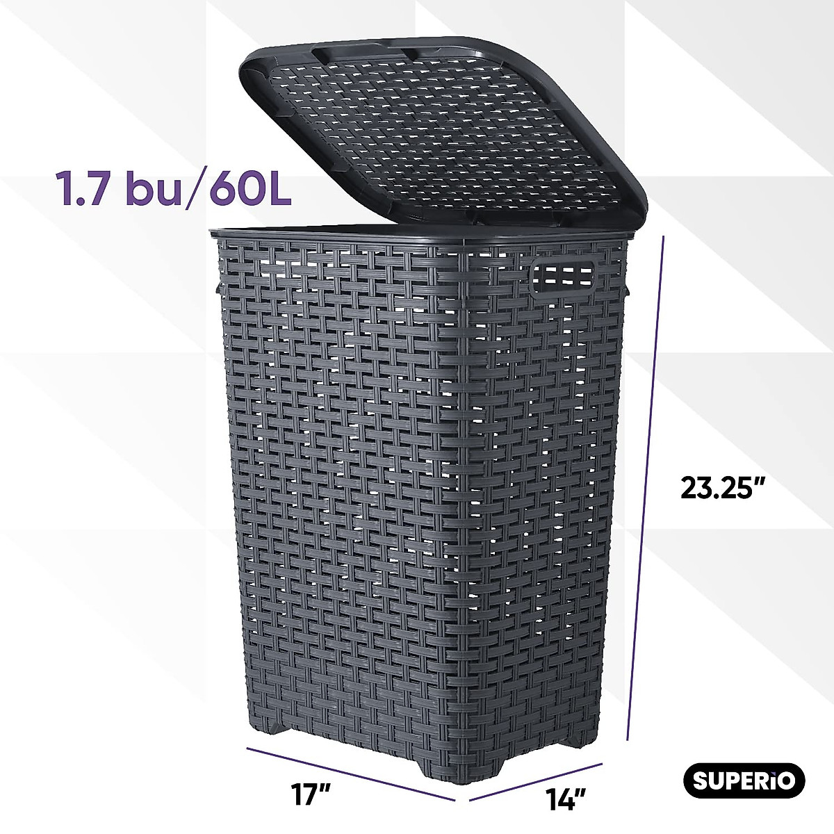 Laundry Hamper Basket With Lid 60 Liter - Deluxe Wicker Style Grey Color - 1.70 Bushel Bin With Cutout Handles To Storage Dirty Cloths in Washroom Bathroom, Or Bedroom. By Superio