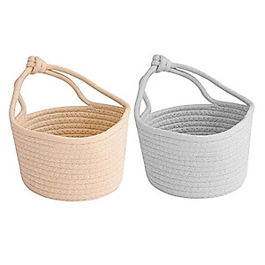 Wakauto Woven Hanging Basket Cotton Rope Storage Basket Sundries Organizer Round Container- 7 x 7 Small Hang Basket for Key, Sunglasses, Wallet on Door(Grey)