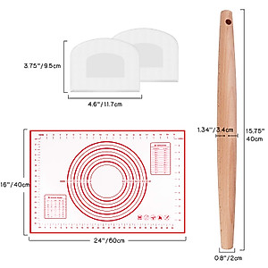 Mixoo Silicone Baking Mat with Wooden Rolling Pin Set - Non-Stick Food Safe Dough Rolling Pastry Mat with a French Rolling Pin and 2 Dough Scrapers for Baking, Fondant, Pie Crust, Pizza, Bread, Cookie