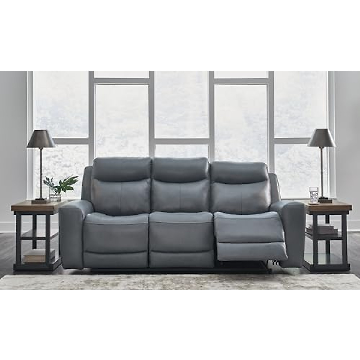 Signature Design by Ashley Mindanao Contemporary Leather Match Upholstered Power Reclining Sofa with Adjustable Headrest and USB Ports, Gray
