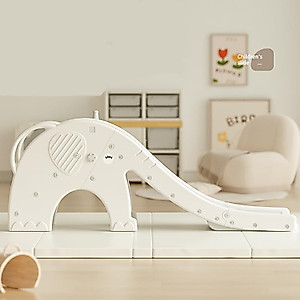 Kids Slide for Toddler with Basketball Hoop Plastic Freestanding Indoor Slide 3 Enclosed Steps Toddler Slide Ring Toss Game White