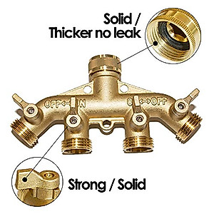 HQMPC 4 Way Hose Splitter 3/4" GHT Garden Hose Splitter 4 Way Solid Brass Hose Connector Heavy Duty Hose Spigot Adapter With 4 Valves 8 Gaskets +2 Seal Tapes