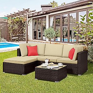 Yaheetech Patio Furniture Set, 5-Piece Outdoor/Indoor Rattan Wicker Sofa Set w/Glass-top Table & Cushions, All-Weather Conversation Lounge Set for Porch/Yard/Poolside/Balcony - Brown/Khaki