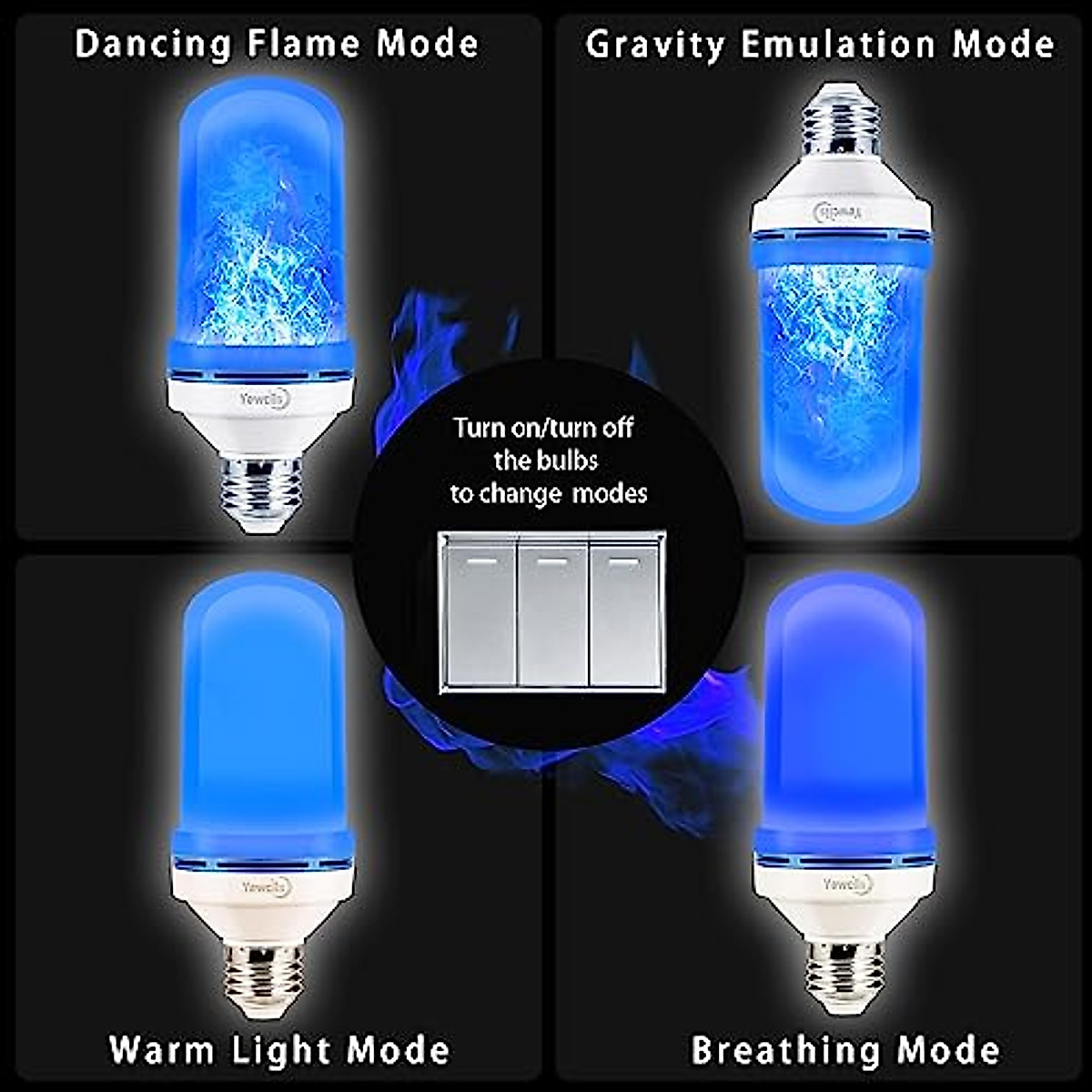 Yewclls LED Flame Effect Light Bulb, 4 Modes E26 Base Fire Light Bulbs with Gravity Sensor (Blue - 2 Pack)