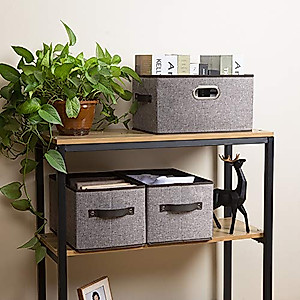PRANDOM Large Foldable Storage Bins for Shelves [3-Pack] Decorative Linen Fabric Storage Baskets Cubes with Leather/Metal Handles for Closet Nursery Office Grey and Black Trim (14.9x9.8x8.3 Inch)